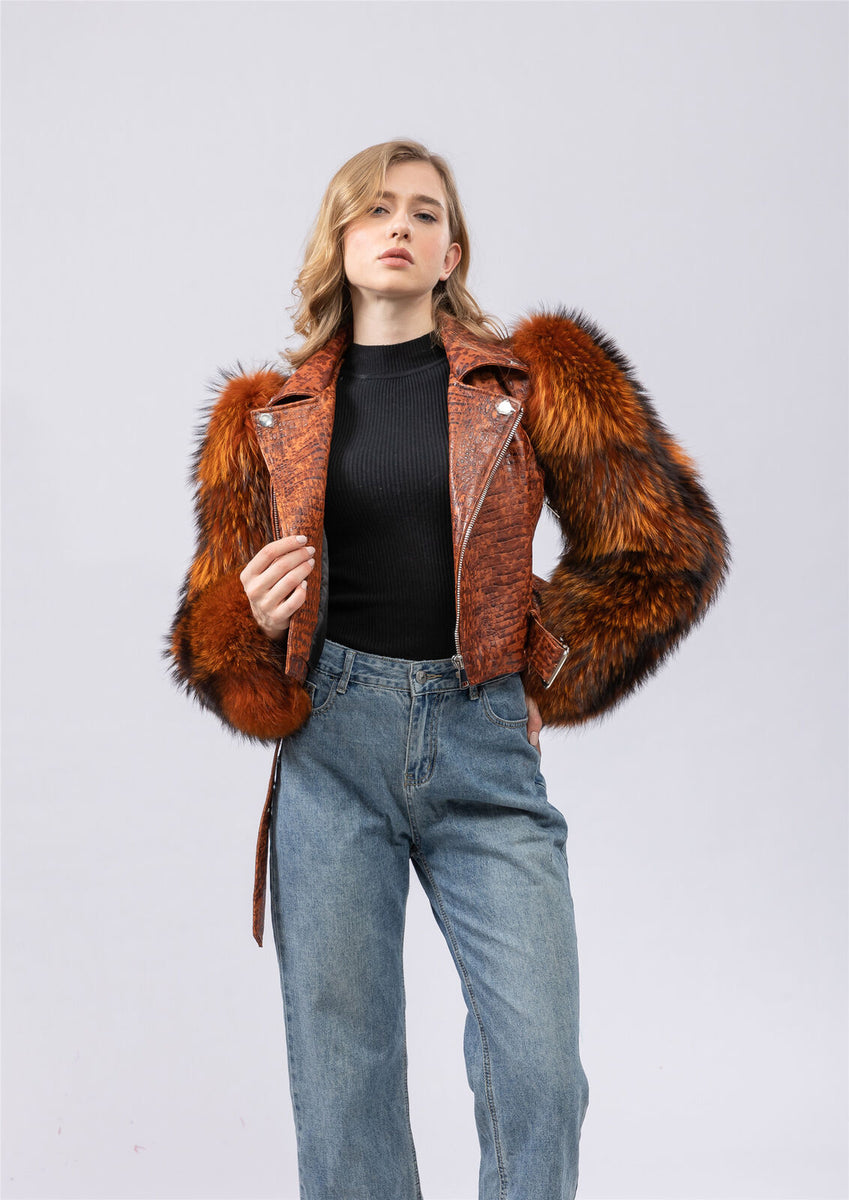 real sheep leather biker jacket short with long fox fur sleeve crop j ...