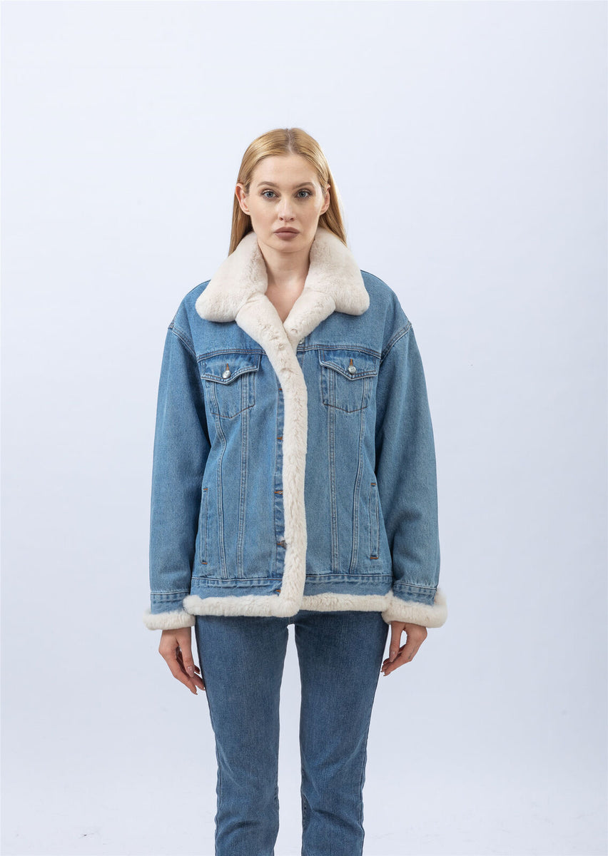Denim coat with real Rex rabbit fur lining full plet thick warm fur 2 ...